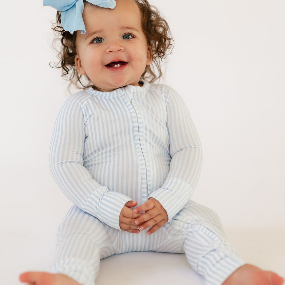Infant Romper in Blue Pin Stripes – Silks