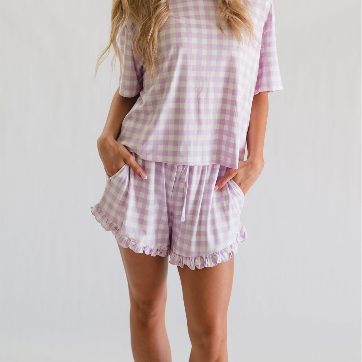 Women’s Ruffle Short Set in Purple Gingham – Silks