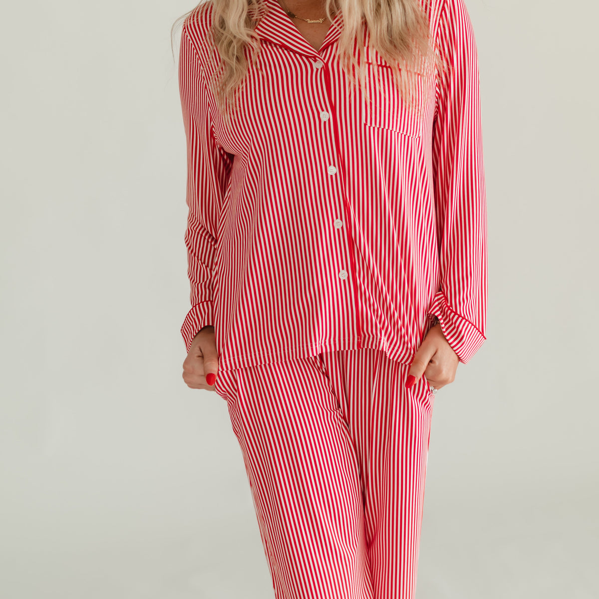Women's Button Up Set In Red Pin Stripe – Silks