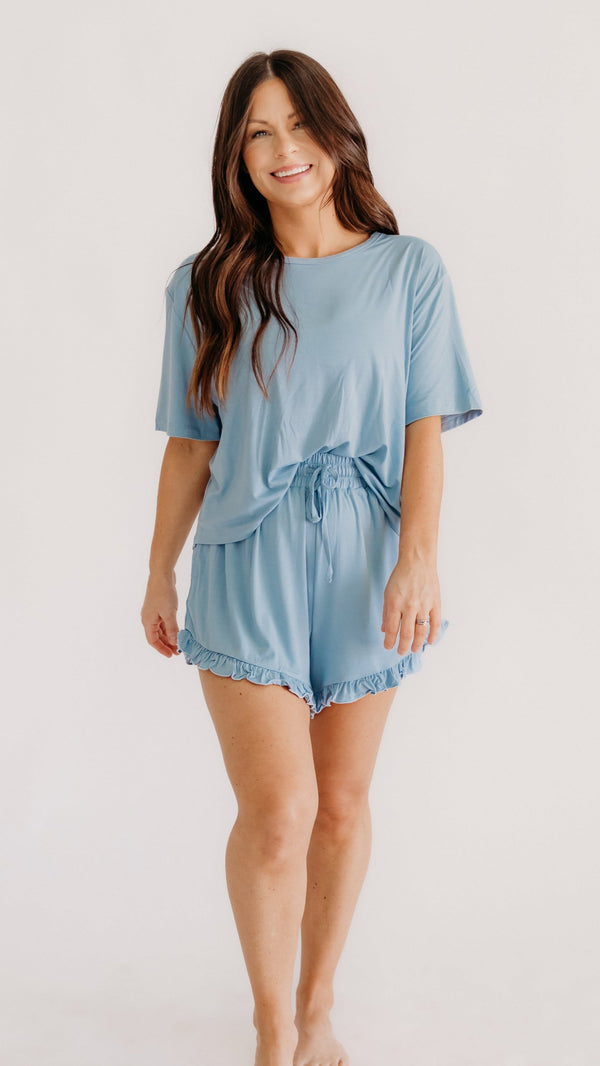 Women's Ruffle Short Set in Cornflower Blue – Silks